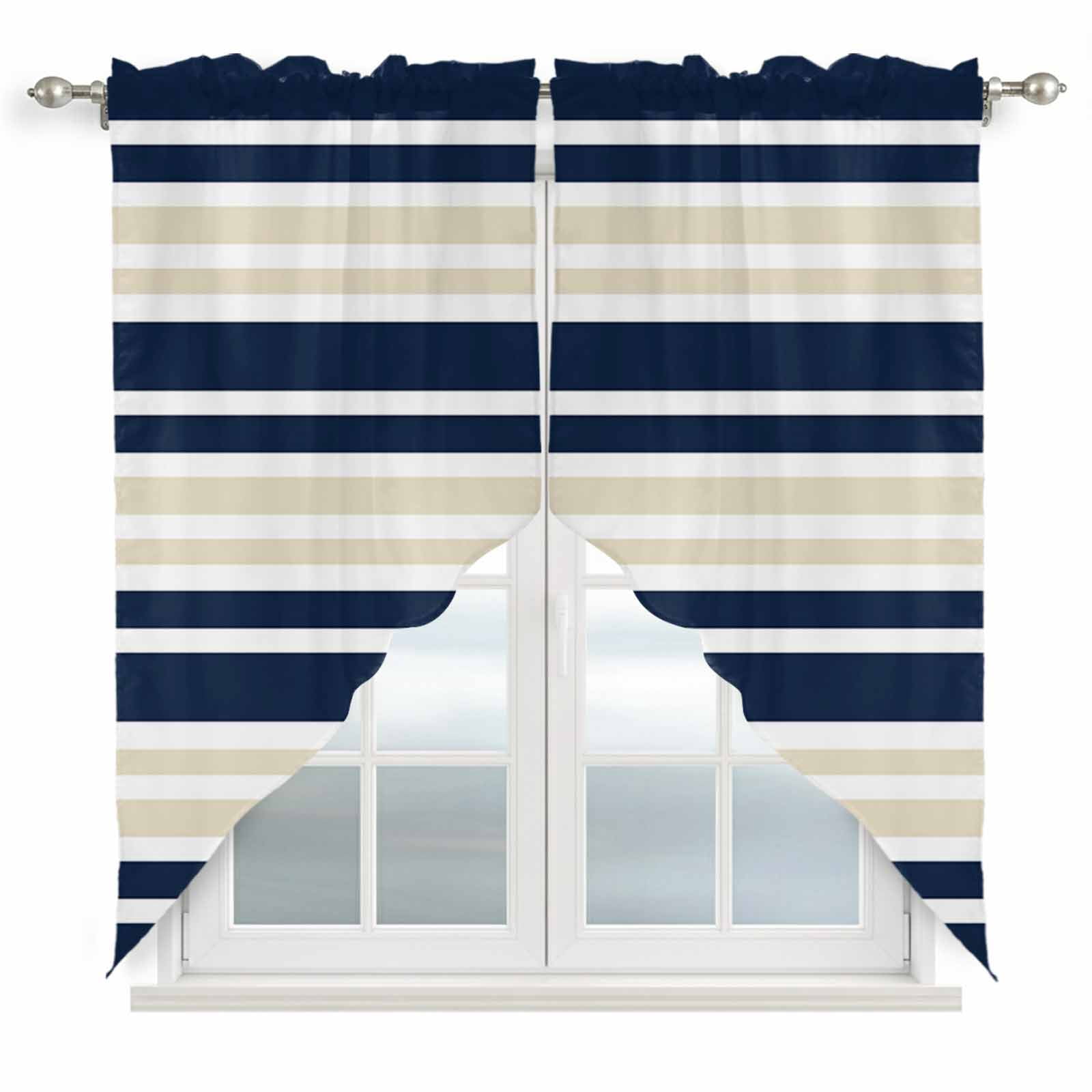 Navy Blue Khaki Striped Swag Curtains Gradient Horizontal Lines Swag ...