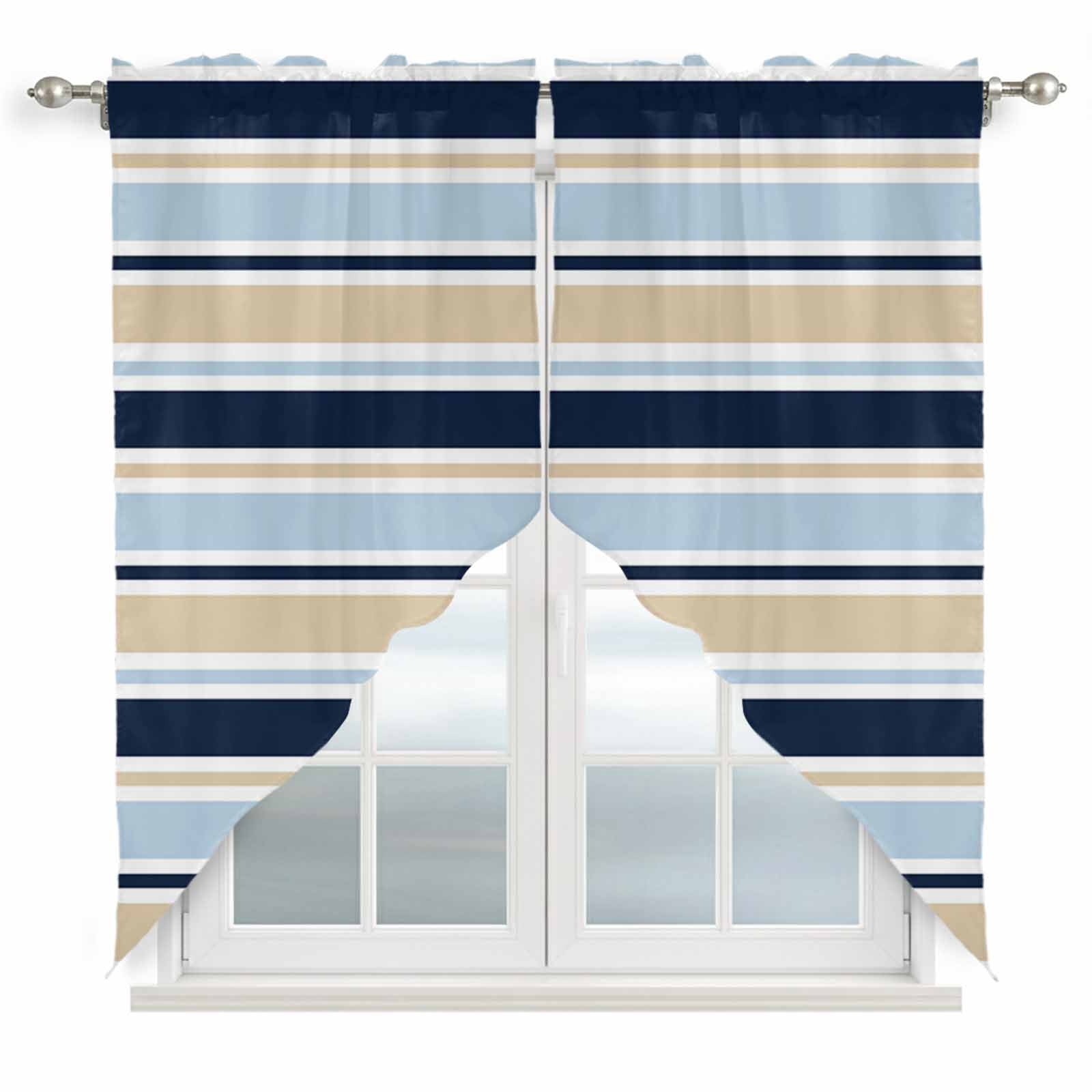 Navy Blue Khaki Striped Swag Valances for Windows 2 Pack, Kitchen ...