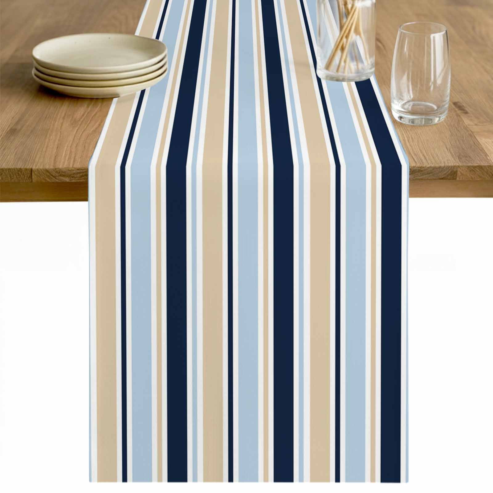 Navy Blue Khaki Striped Table Runner - 120 Inch Long Farmhouse Stripes ...