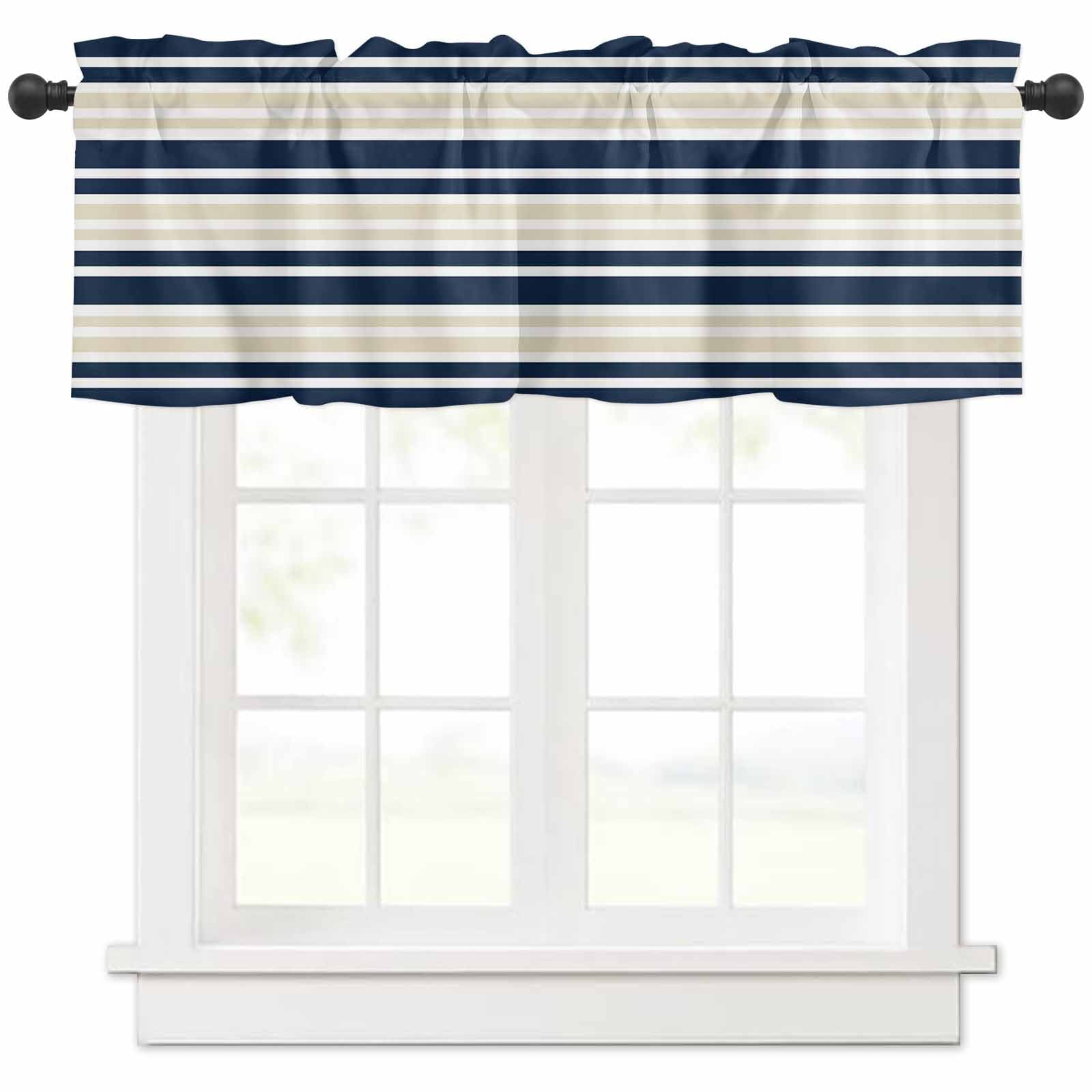 Navy Blue Khaki Striped Valances for Windows Farmhouse Kitchen Curtains ...