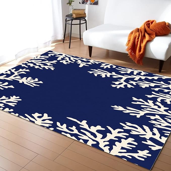 Navy Blue Kids Rugs, Cartoon White Coral Area Rugs, Sea Ocean Coast ...