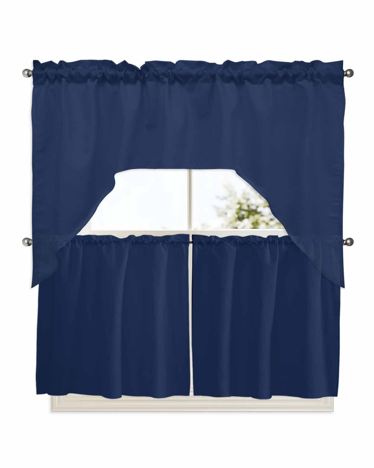 Navy Blue Kitchen Curtains Swag Valance and Tier Curtains Set 24 Inch ...