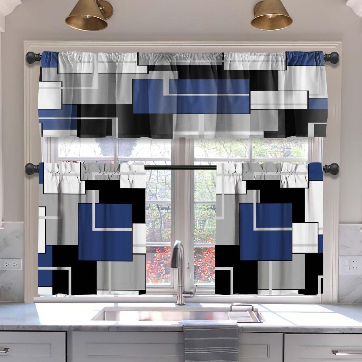 Navy Blue Kitchen Curtains Tiers and Valances Set 3 Piece for Windows ...