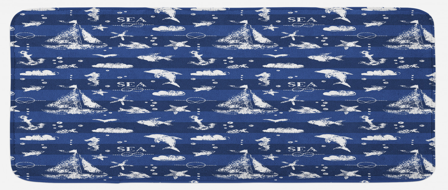 Navy Blue Kitchen Mat, Sailboat Vertical Stripe Pattern Anchor Fishes ...