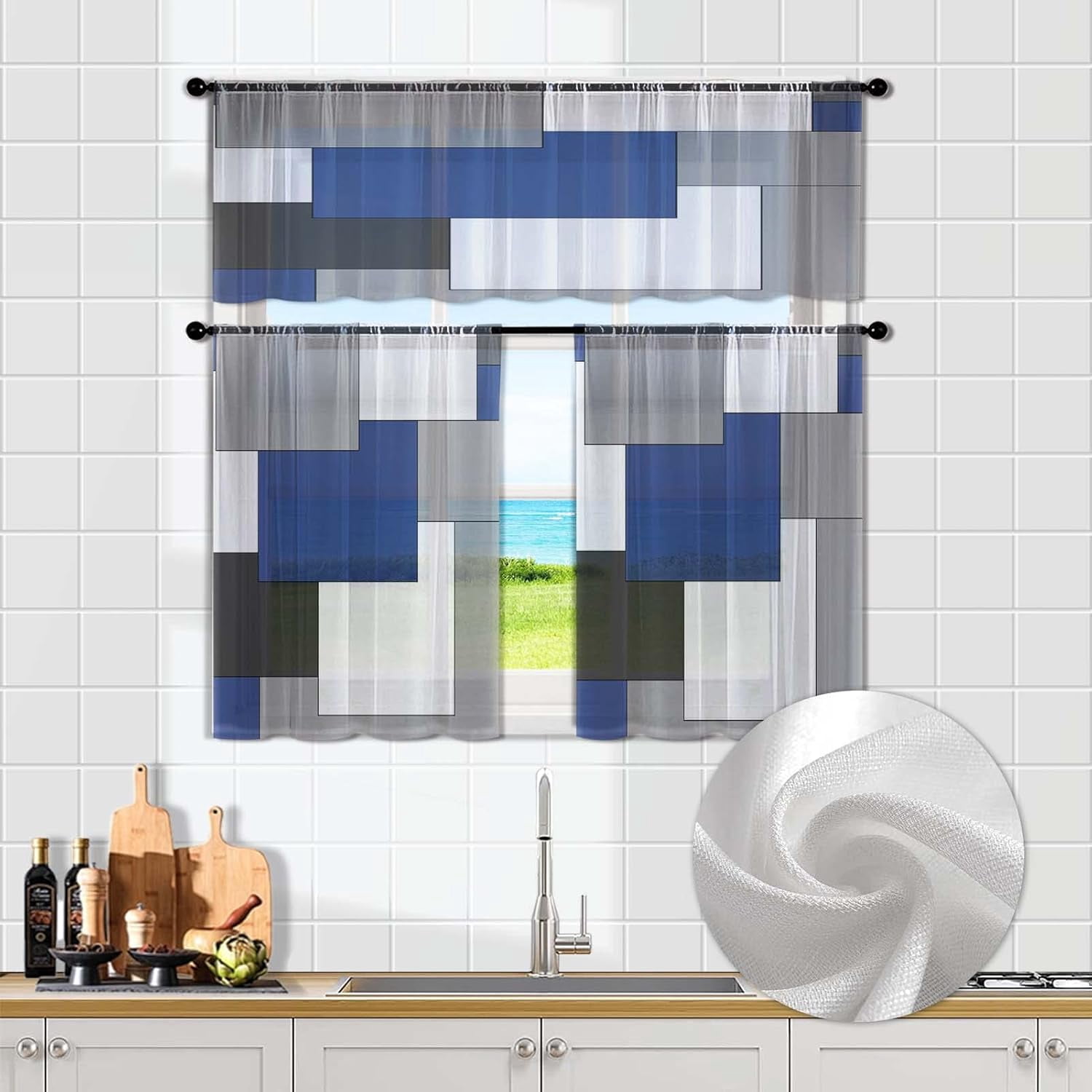 Navy Blue Kitchen Sheer Curtain Tiers and Valances Set of 3PC ...