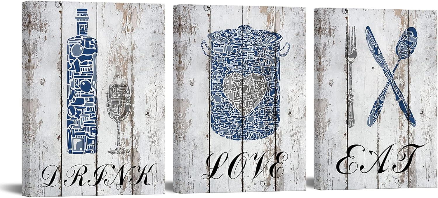 Navy Blue Kitchen Wall Art Love Eat Wall Decor Canvas Kitchenware ...