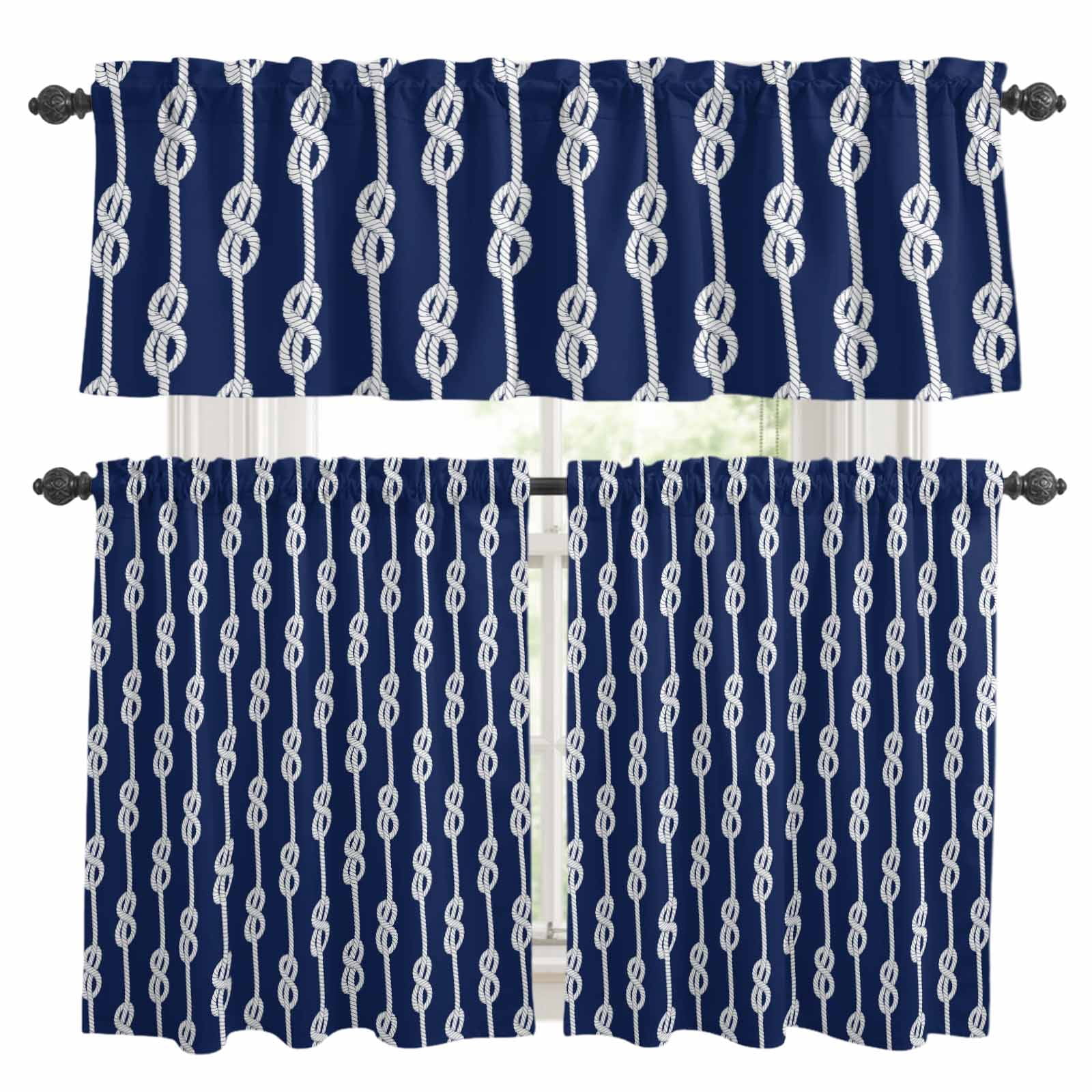 Navy Blue Knot Kitchen Curtains Sets for Windows 36 Inch Length ...