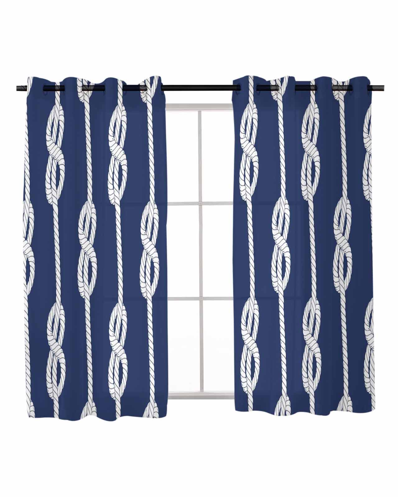 Navy Blue Knot Sheer Curtains 45 Inch Length 2 Panels Nautical Striped ...