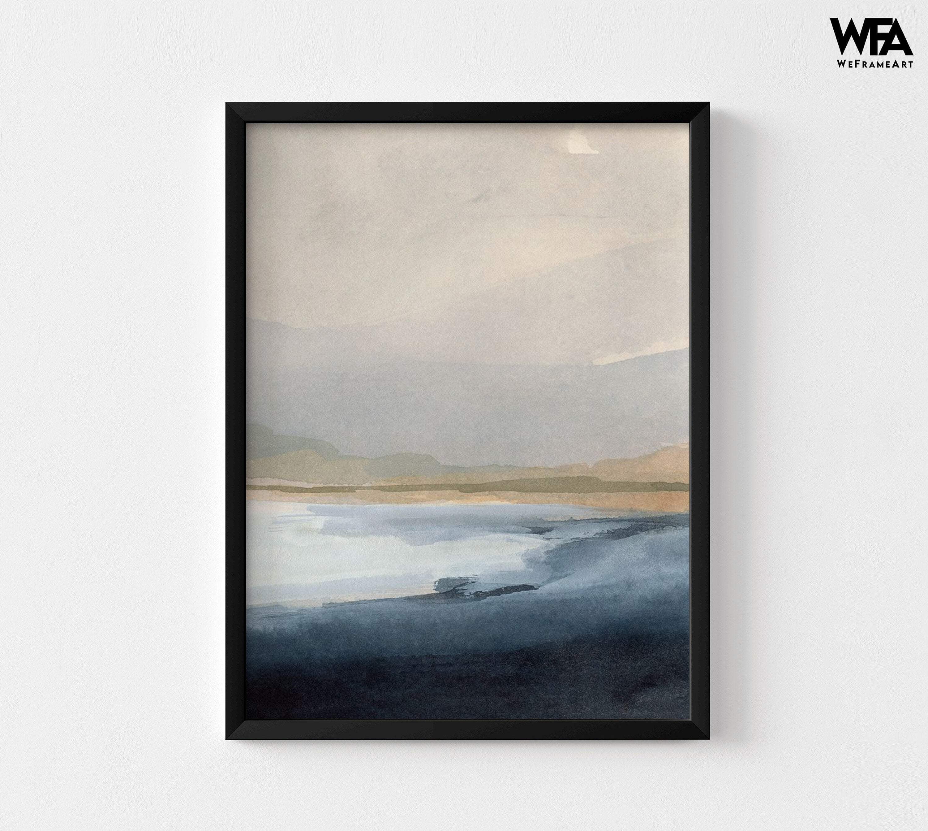 Navy Blue Landscape Painting Print, Framed Beach Wall Art, Landscape ...