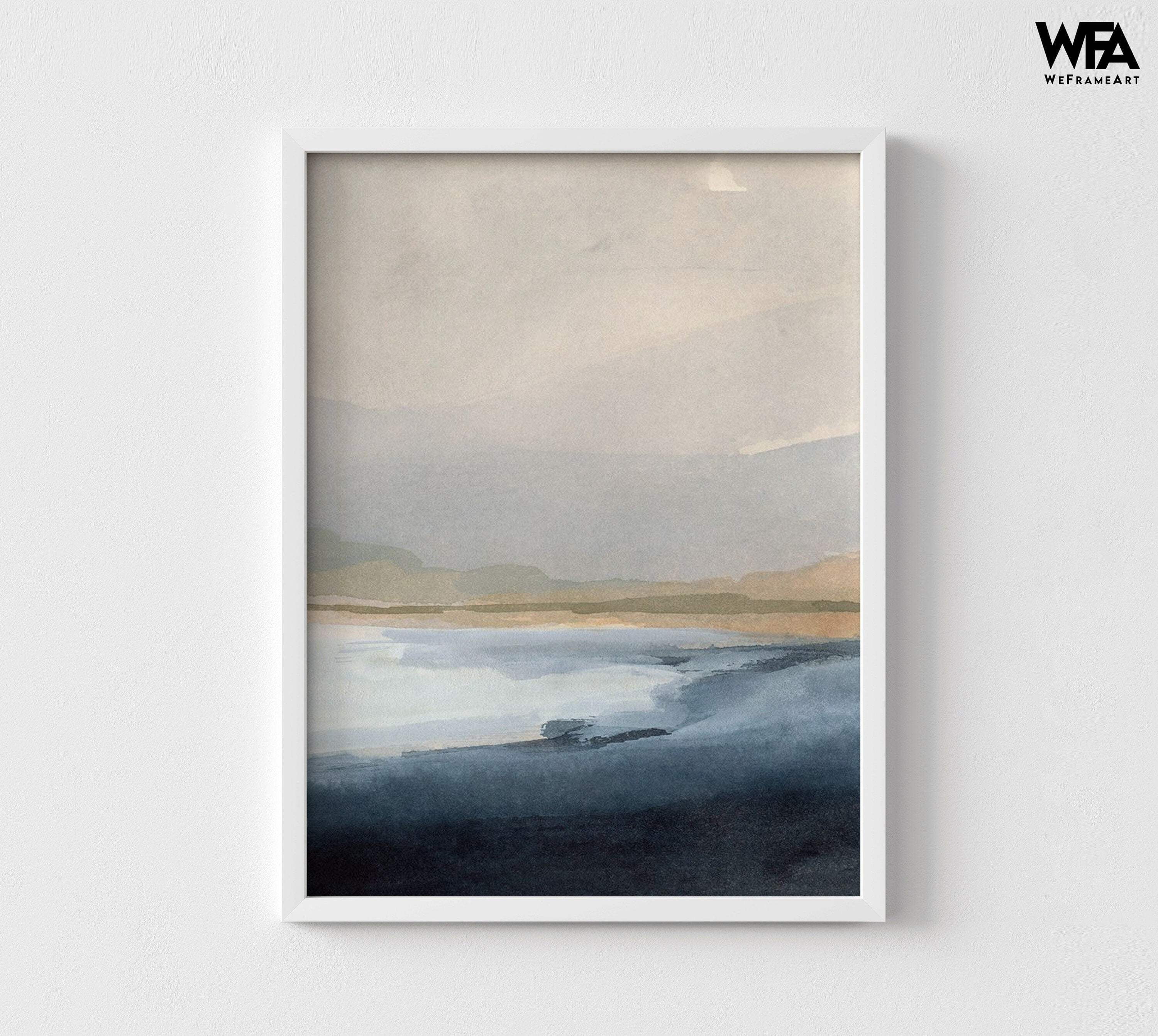 Navy Blue Landscape Painting Print, Framed Beach Wall Art, Landscape ...