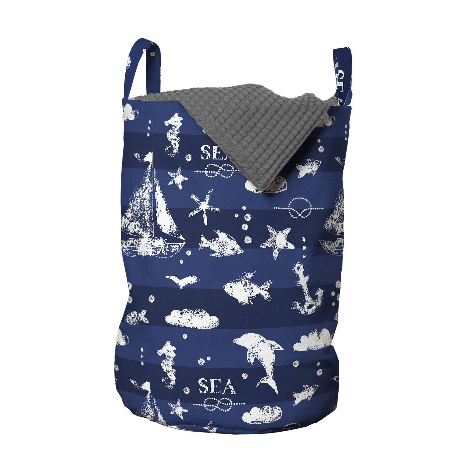 Navy Blue Laundry Bag, Sailboat Vertical Stripe Pattern Anchor Fishes ...