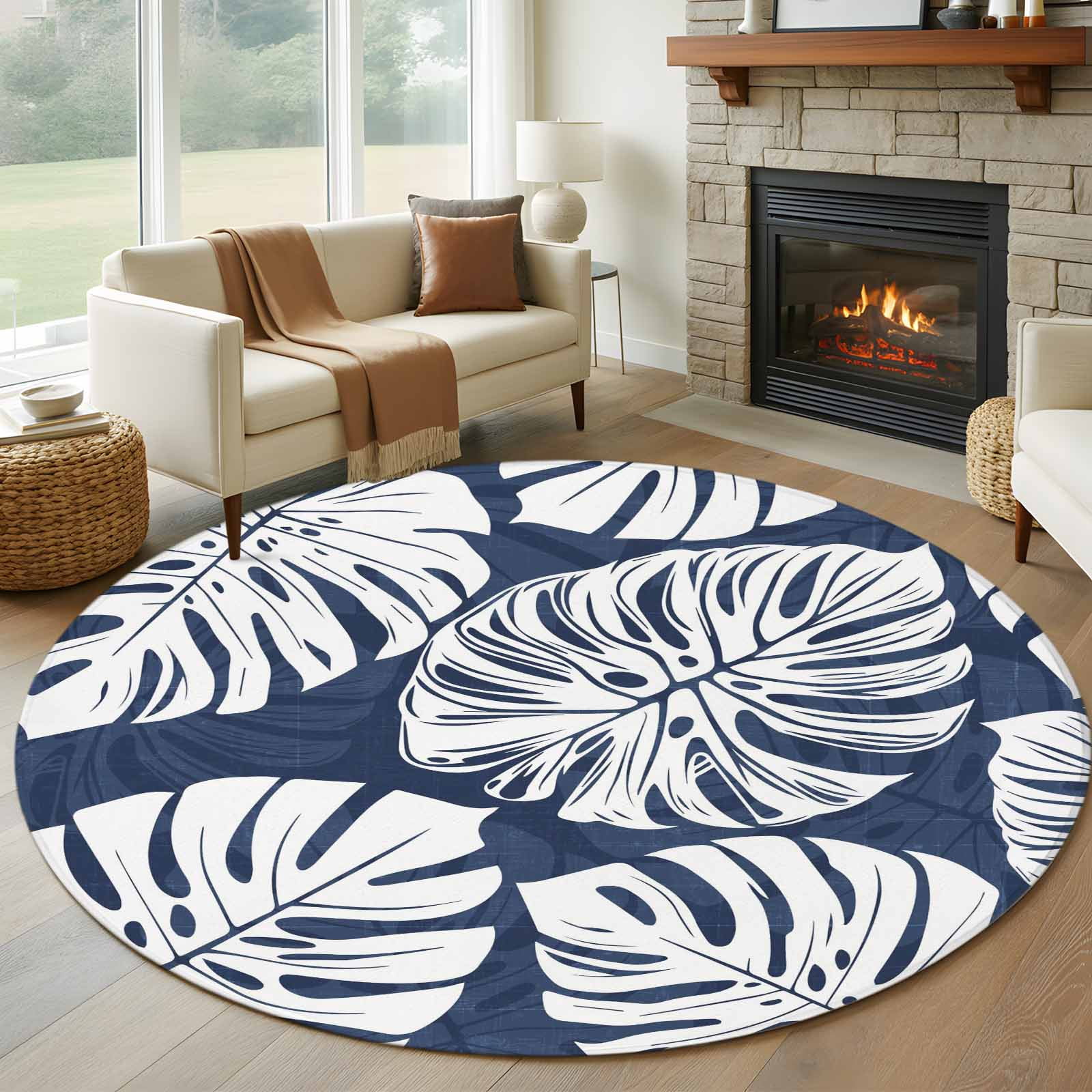 Navy Blue Leaf 8FT Round Area Rugs for Living Room Tropical Country ...
