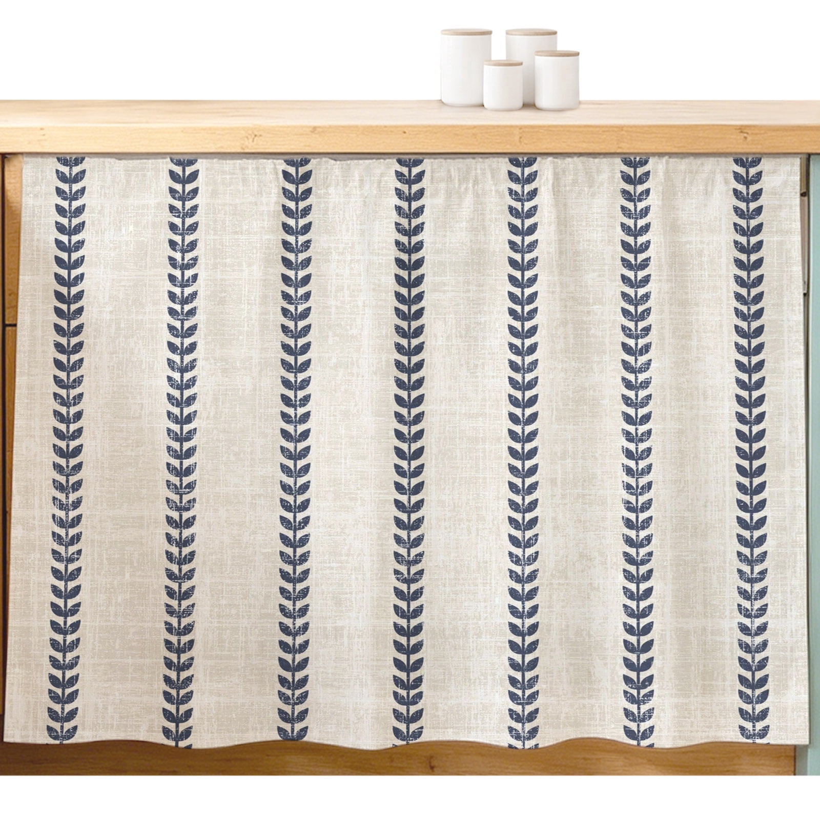 Navy Blue Leaf Stripe Cabinet Curtains 11"Wx13"L, Country Vintage Beige ...