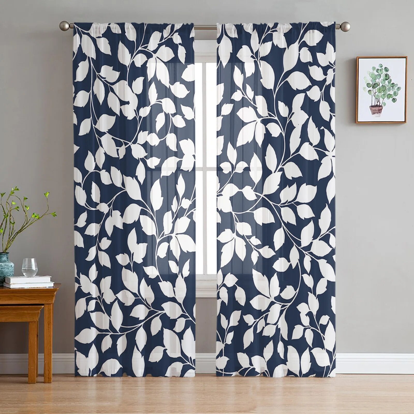 Navy Blue Leaf Vine Mann Texture Bedroom Transparent Sheer Curtains ...