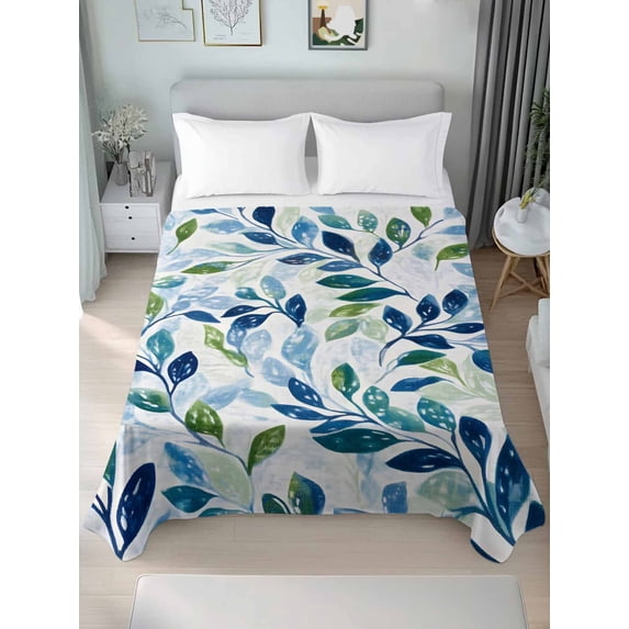Navy Blue Leaves Queen Size Flat Sheet, Wrinkleproof & Fadeproof ...