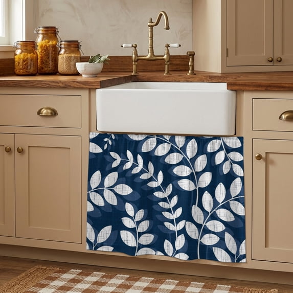 Navy Blue Leaves Small Cabinet Curtains 10"W x 11"L, Farmhouse ...