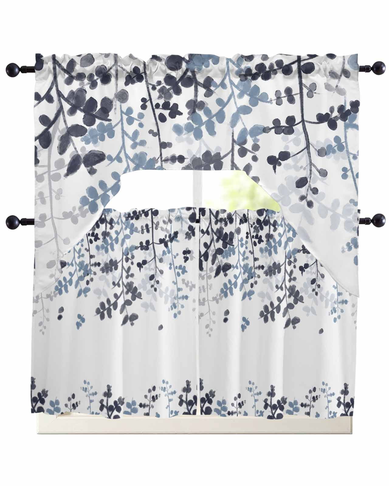 Navy Blue Leaves Swag Kitchen Curtains Sets for Windows 24 Inch Length ...