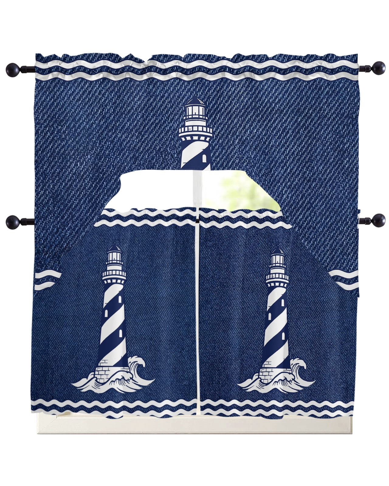 Navy Blue Lighthouse Seaside Kitchen Curtains Set for Windows 3 Piece ...