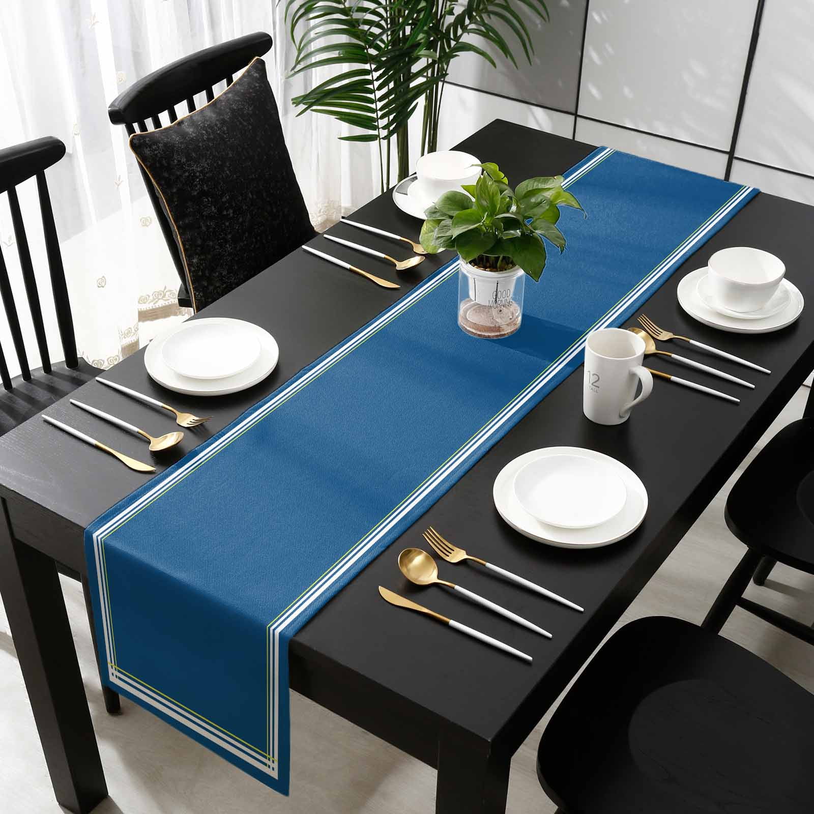 Navy Blue Line Cotton Linen Long Table Runner 13 x 108 inch Farmhouse ...