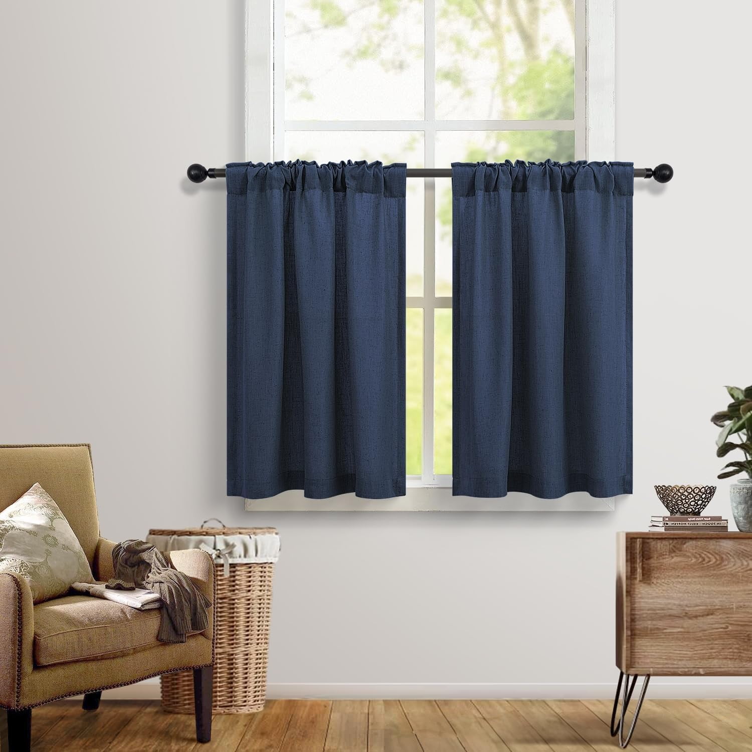 Navy Blue Linen Cafe Kitchen Door Curtains Tier 36 Inch Length Back Tab ...