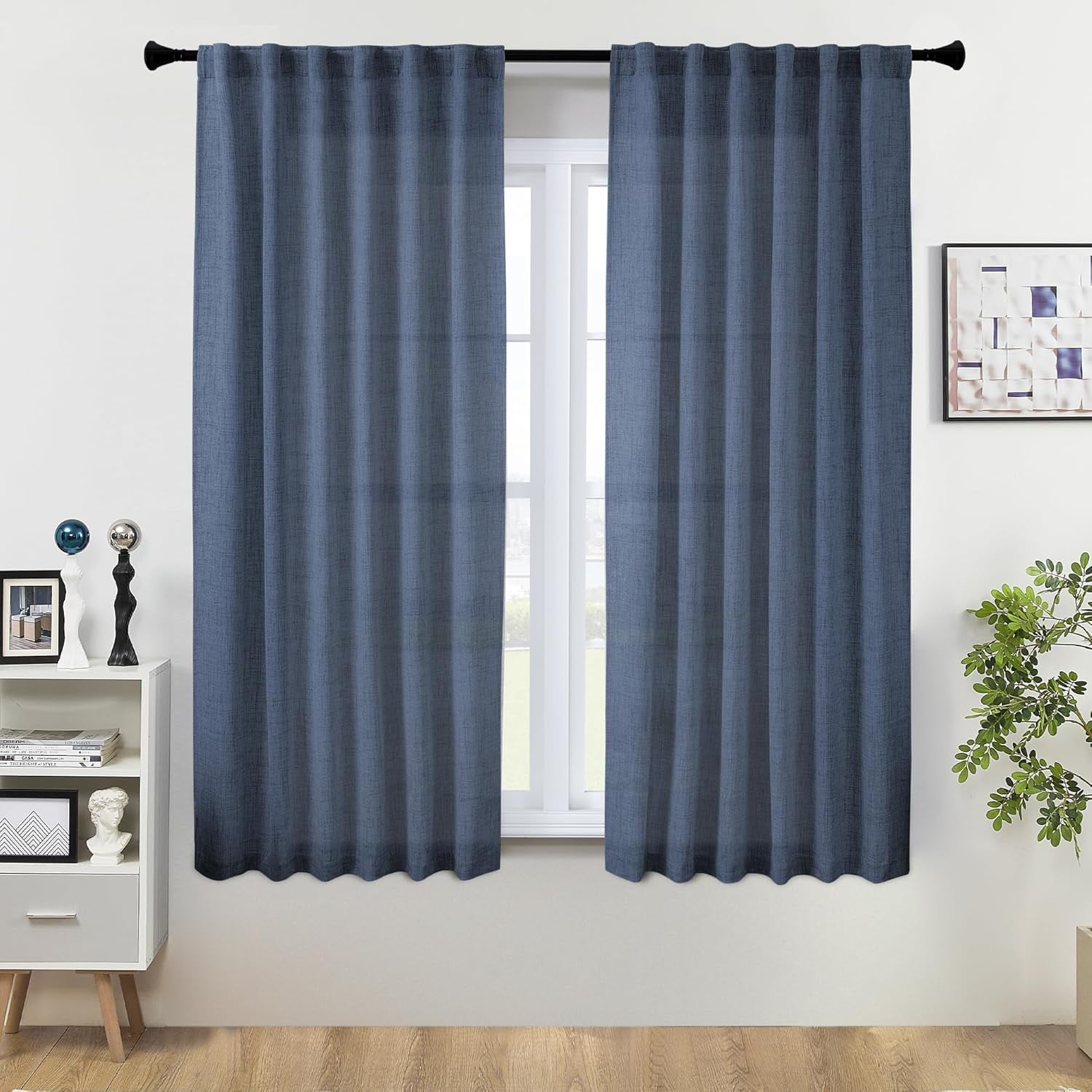 Navy Blue Linen Curtains 63 Inch Length for Bedroom 2 Panels Rod Pocket ...