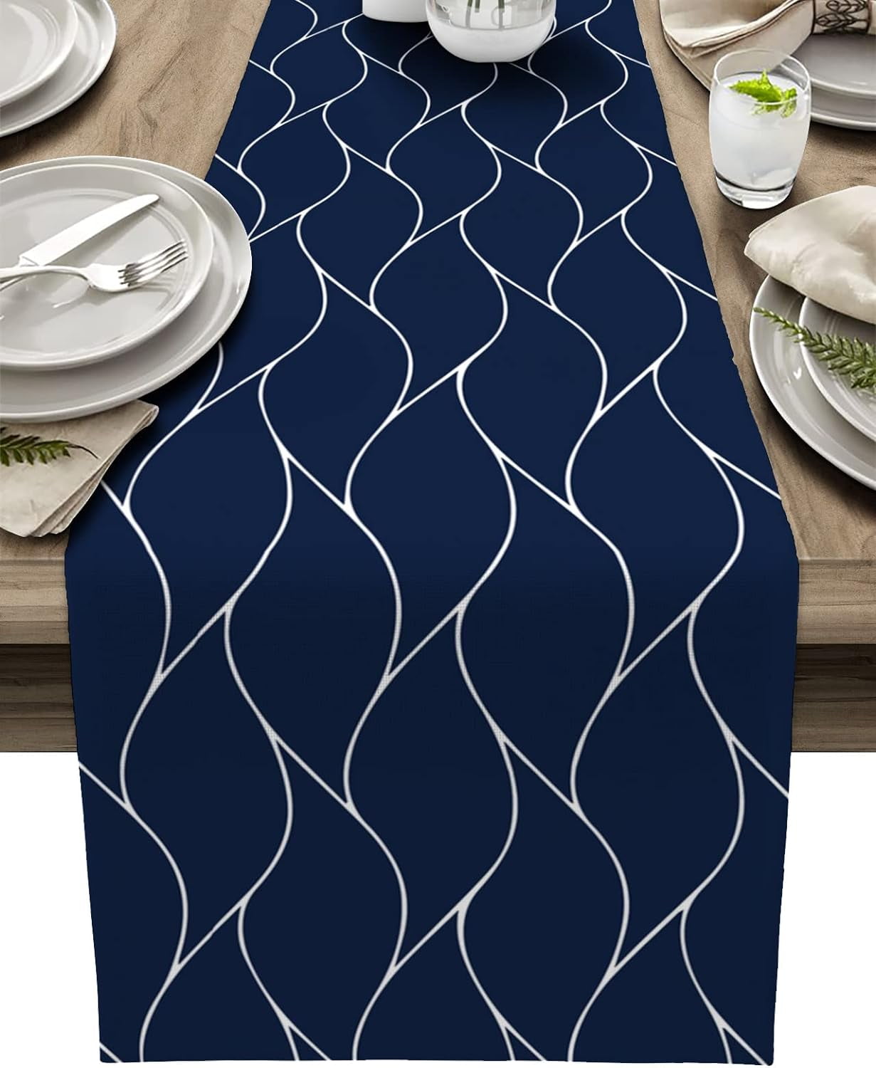 Navy Blue Linen Table Runners Modern Abstract Wave Stripe Dresser Scarf ...