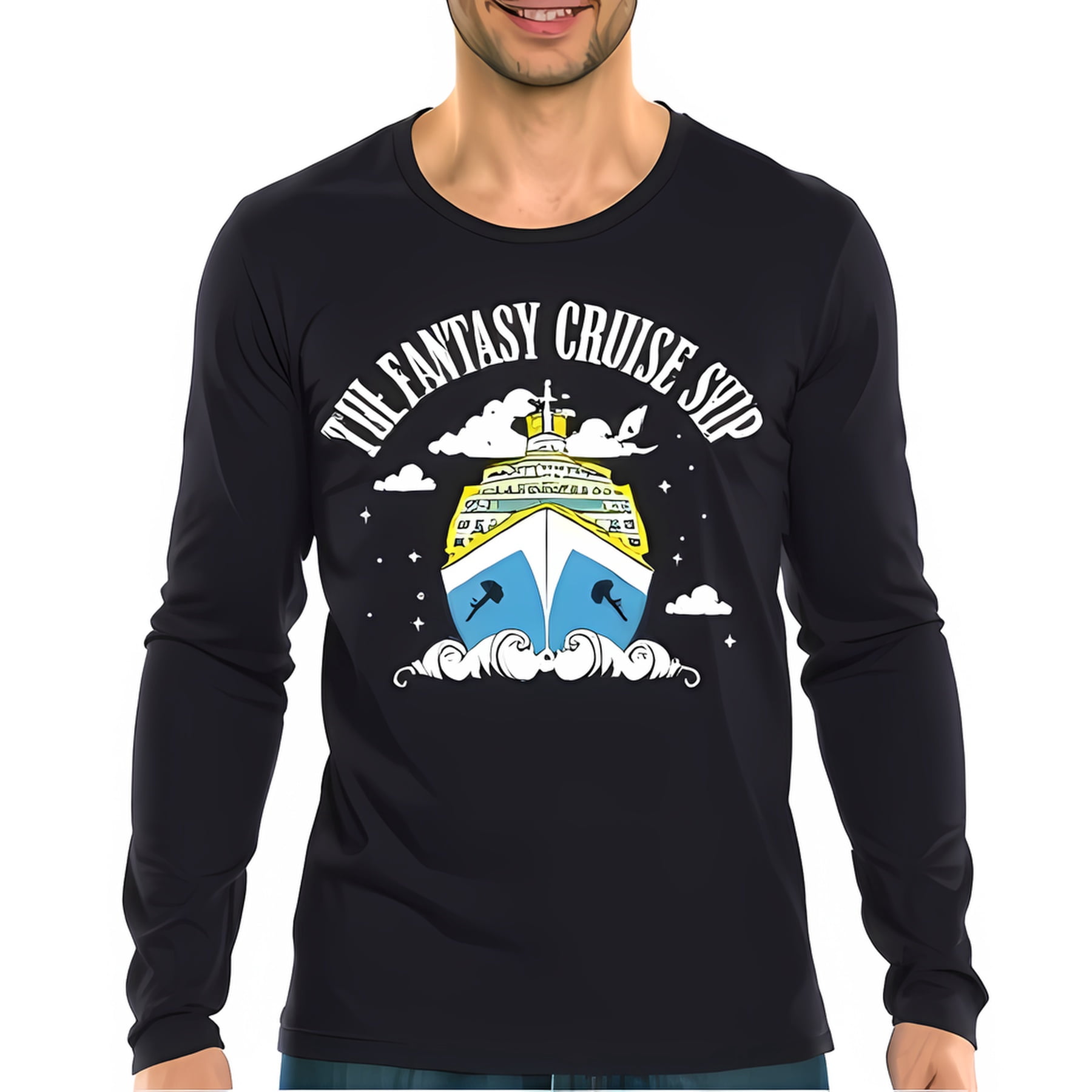 Navy Blue Long Sleeve T-Shirt with Cartoon Cruise Ship Graphic - "THE ...