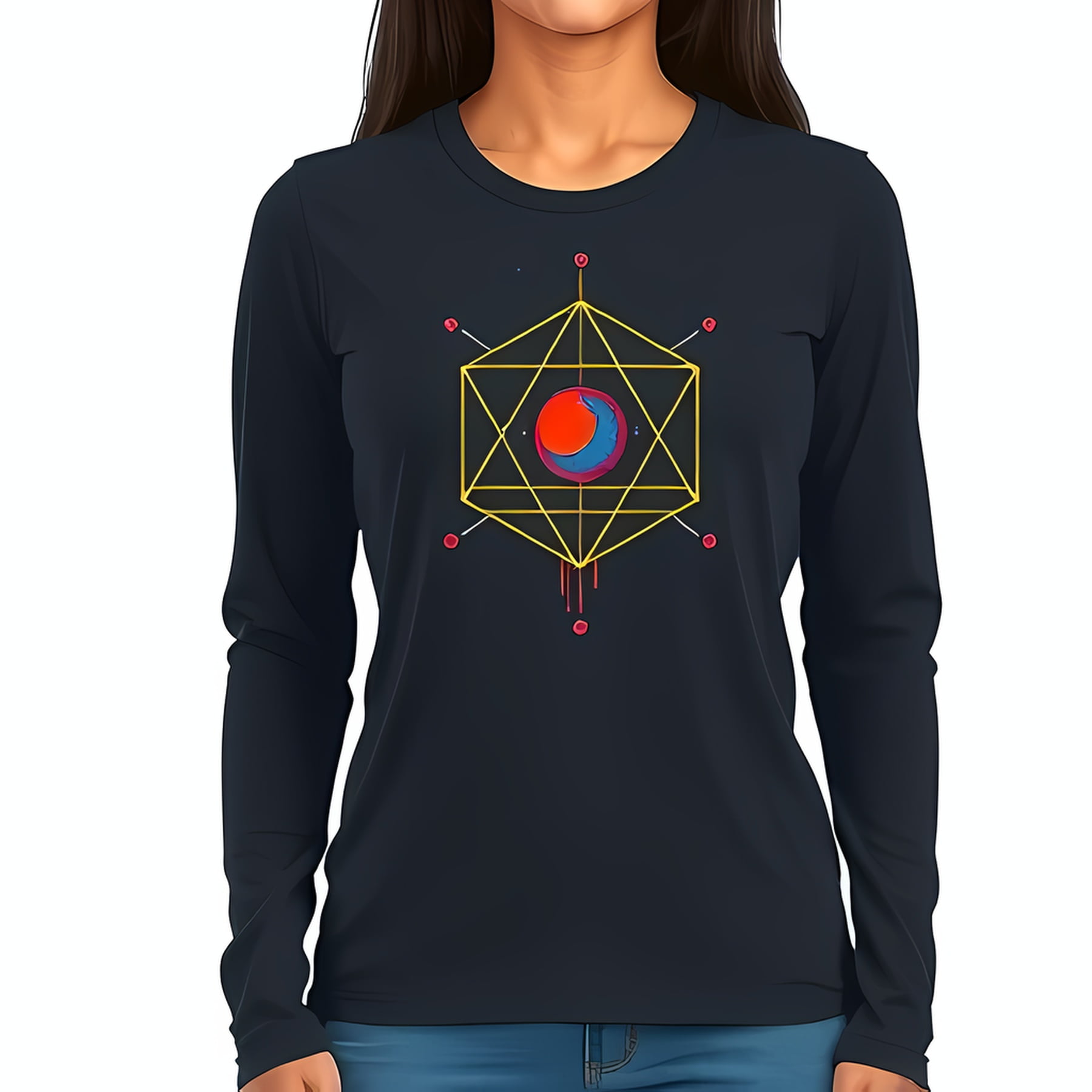 Navy Blue Long Sleeve T-Shirt with Geometric Golden Octagon Design Sun ...