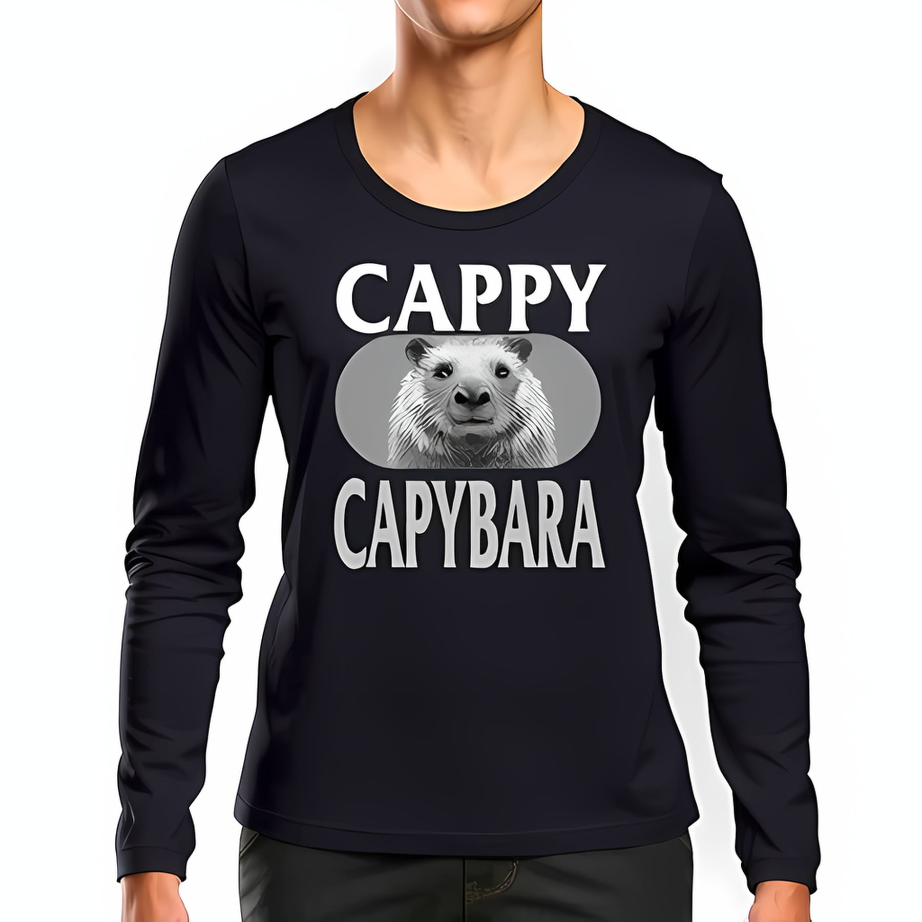 Navy Blue Long Sleeve T-Shirt with Grayscale Capybara Graphic - "CAPPY ...