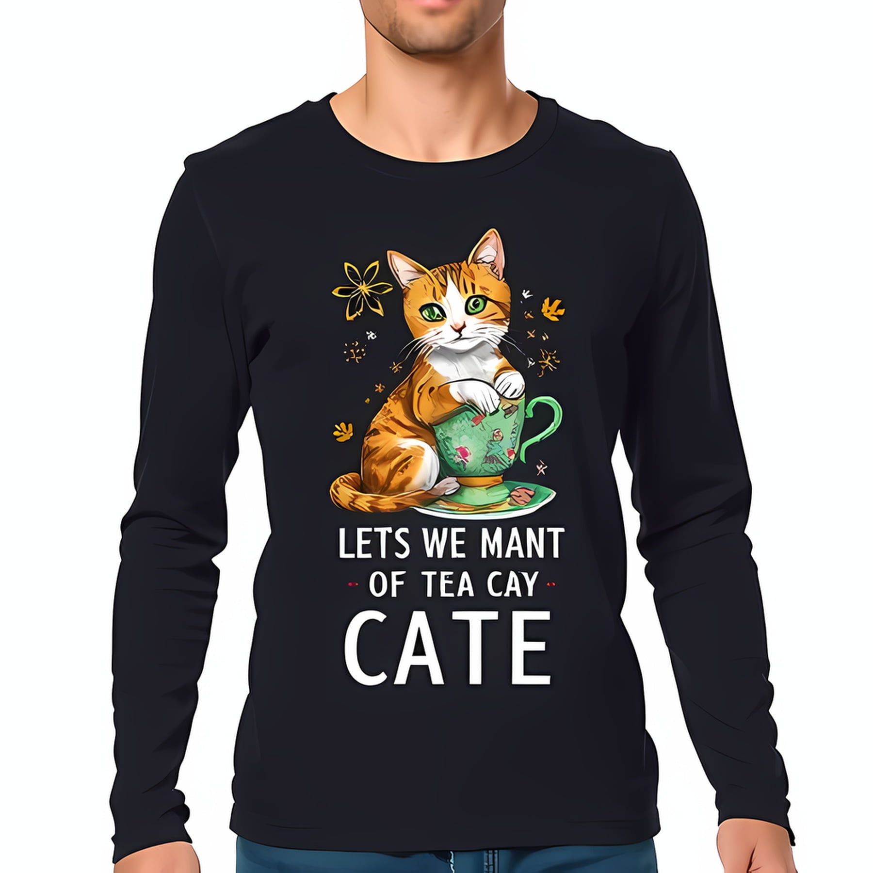 Navy Blue Long Sleeve T-Shirt with Orange Tabby Cat in Teacup & Floral ...