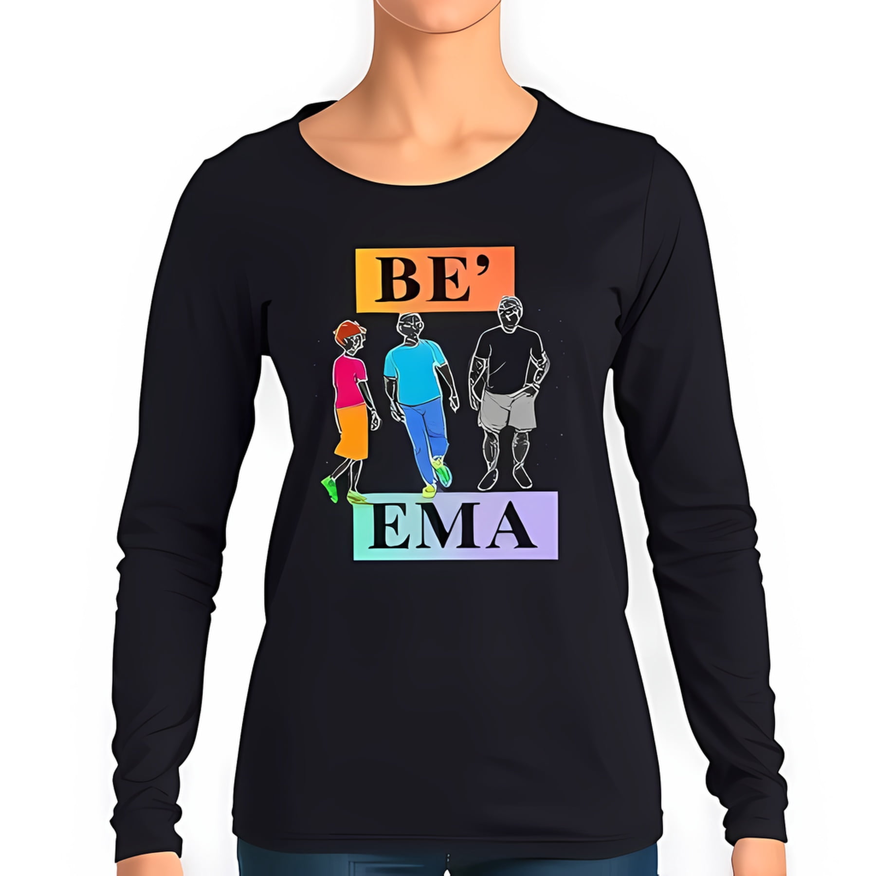 Navy Blue Long Sleeve T-Shirt with Rainbow Graphic Design of Walking ...