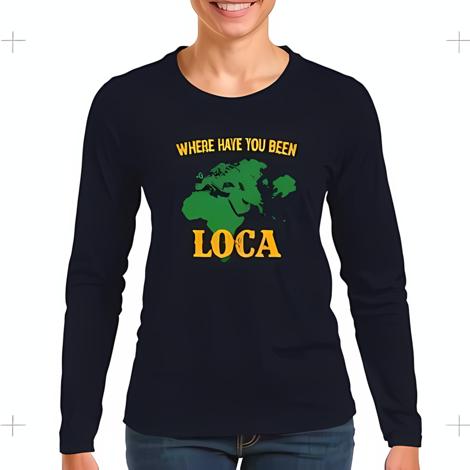 Navy Blue Long Sleeve T-Shirt with Stylized Green World Map & " WHERE ...