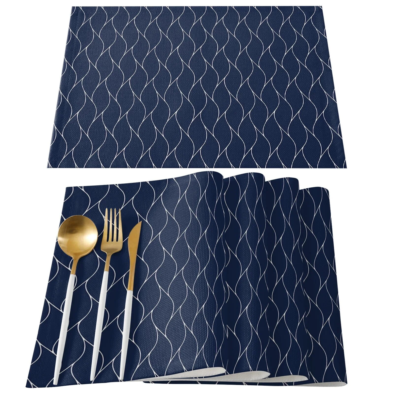 Navy Blue Long Wave Pattern Kitchen Dining Table Decor Accessories 4 ...