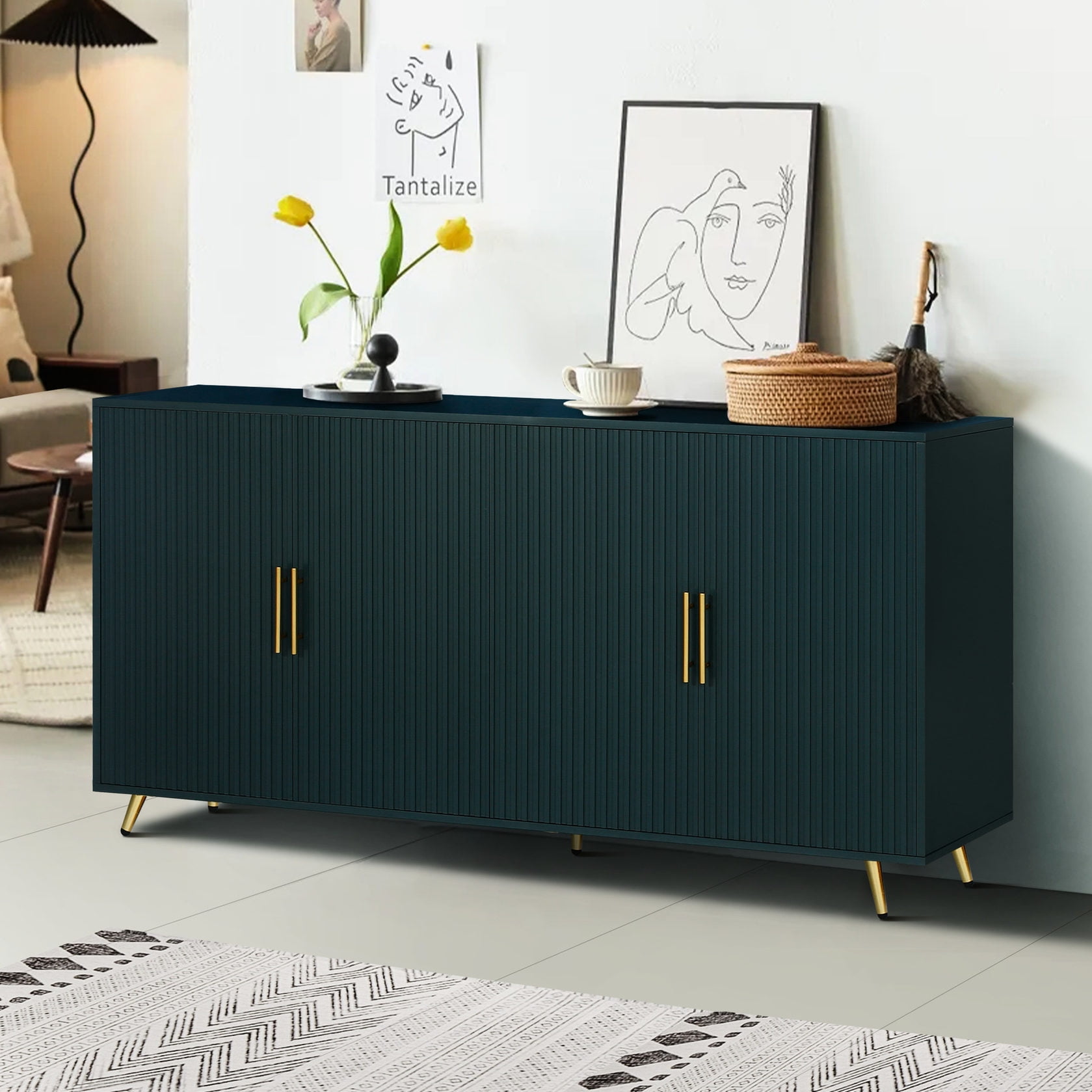 Navy Blue MDF Cabinet with Vertical Line Doors / Modern and Fashionable ...