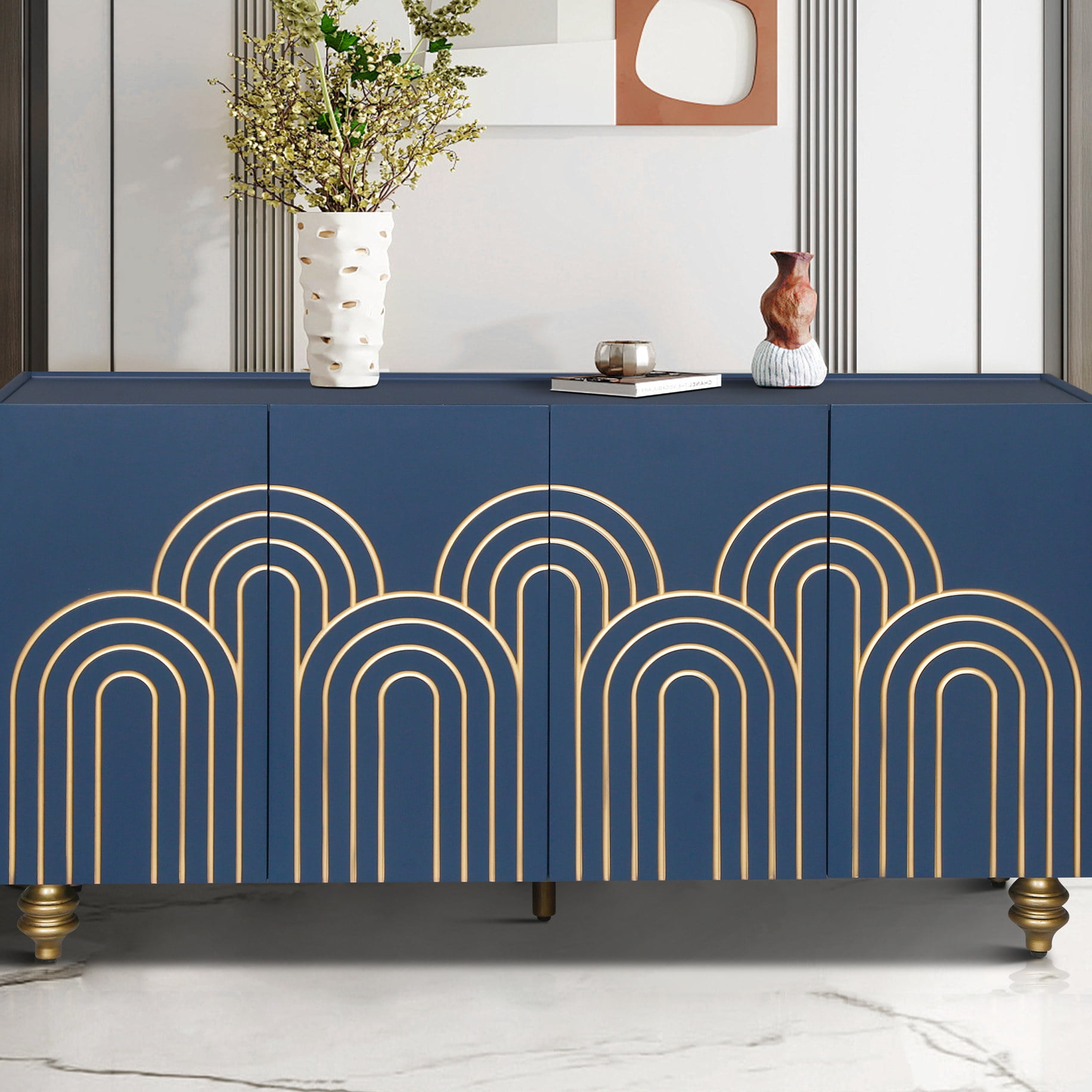 Navy Blue MDF Fluted Cabinet - Multiple Storage Functions - Living Room ...