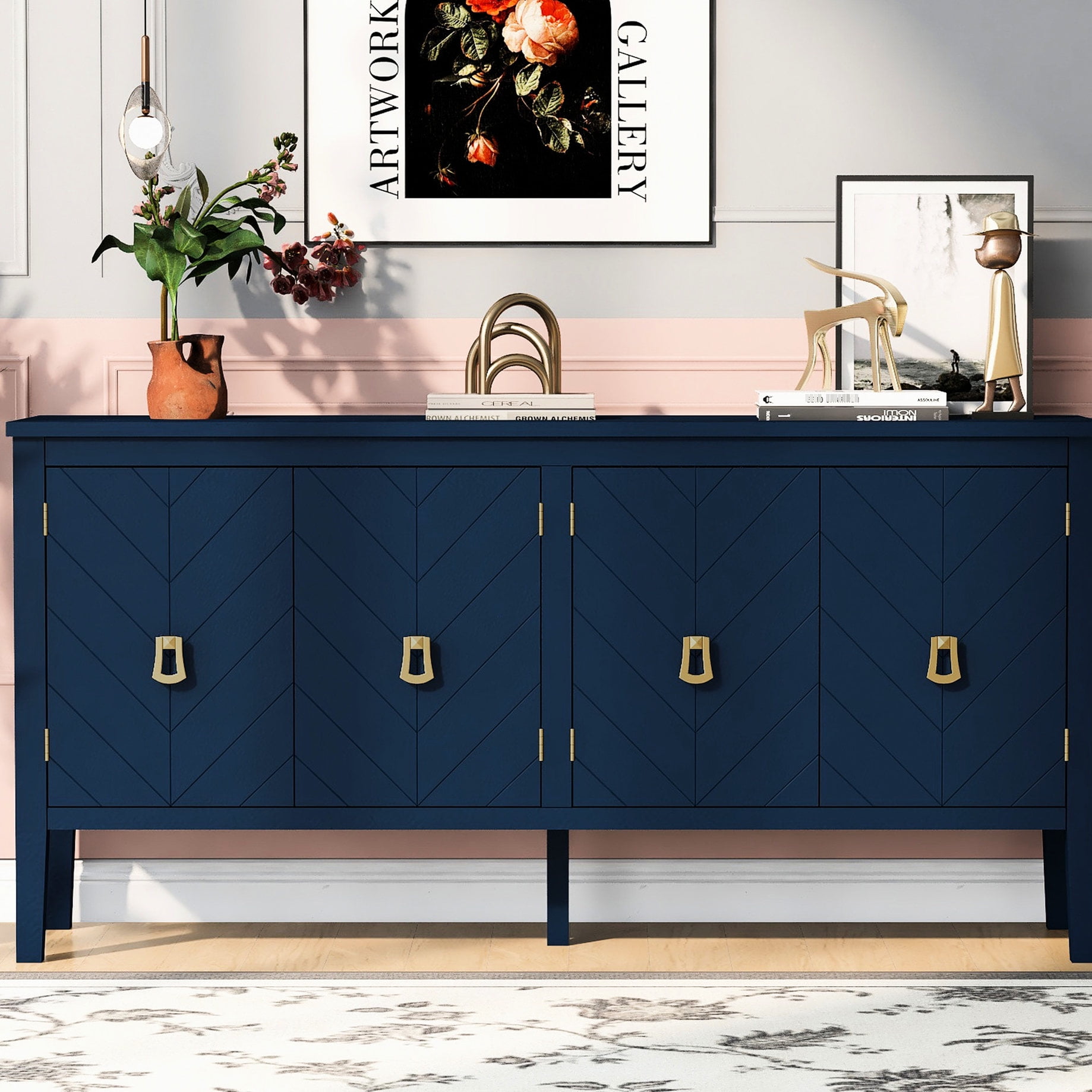 Navy Blue MDF - Four-Door Storage with Geometric Design and Vintage ...