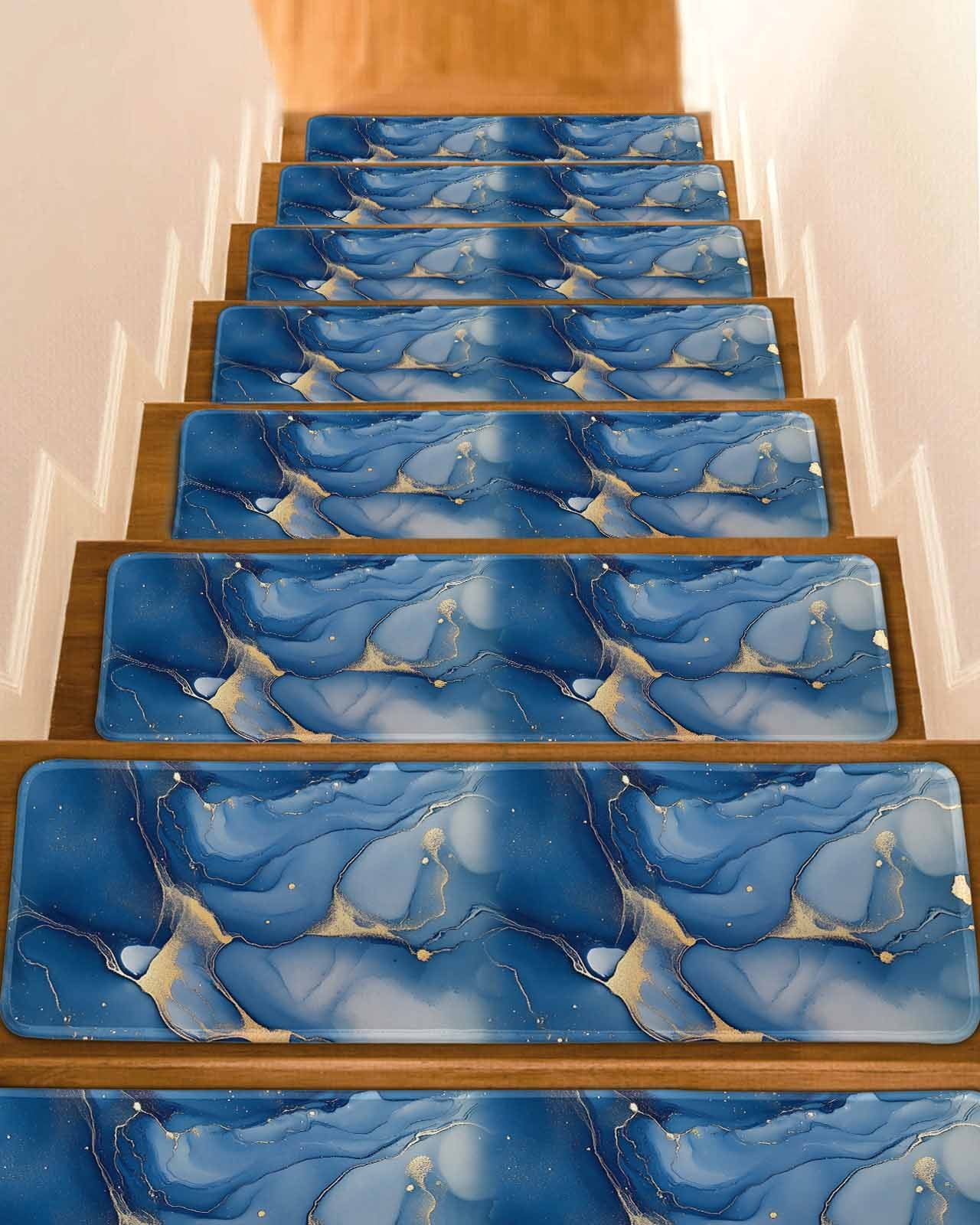 Navy Blue Marble Abstract Non-Slip Stair Treads for Wooden Steps, 15 ...