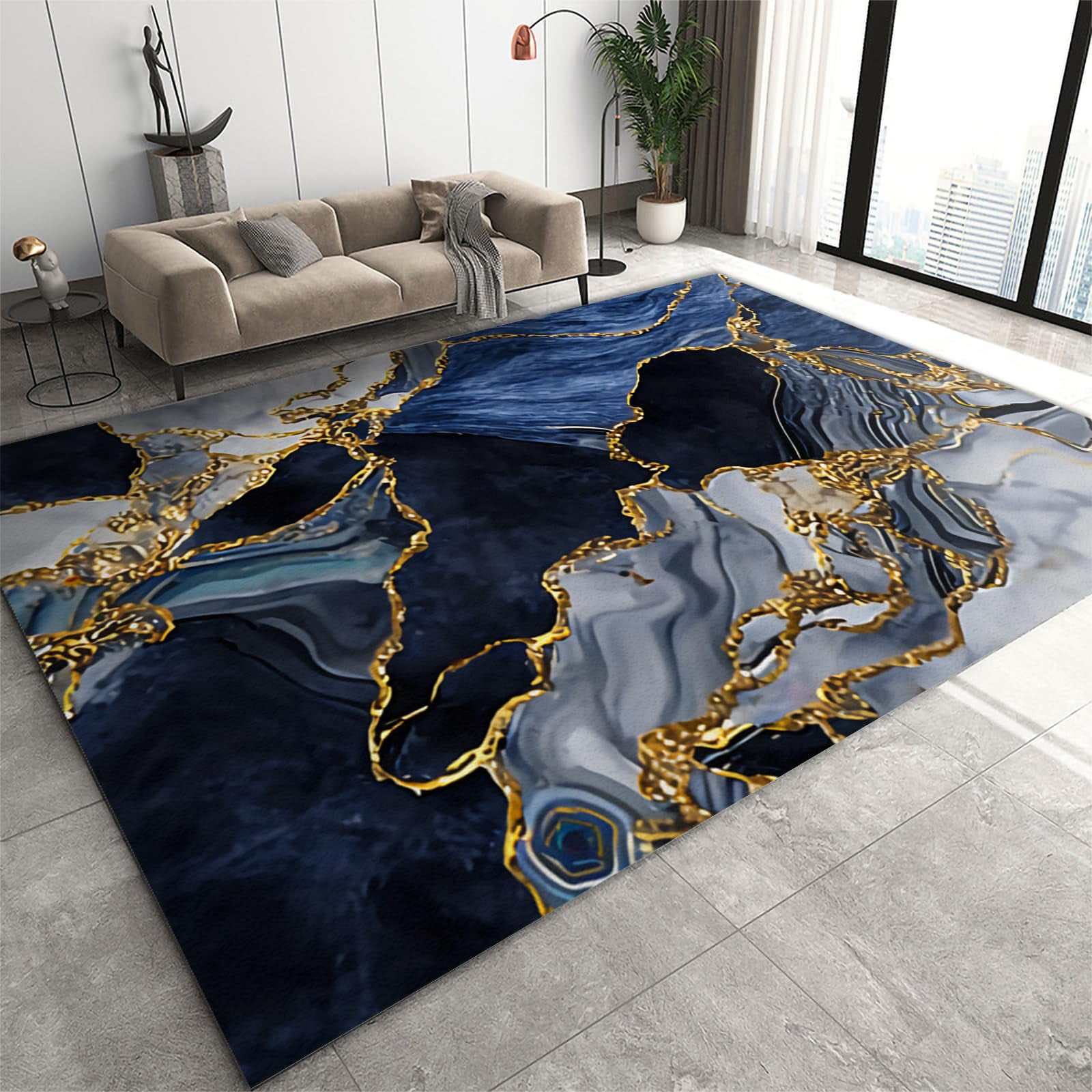 Navy Blue Marble Area Rug, Luxury Blue Gold Agate Texture Indoor Carpet ...