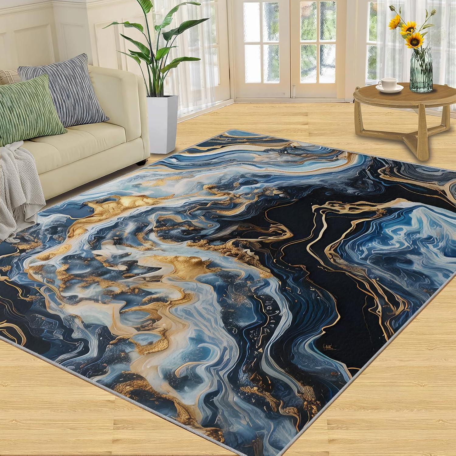 Navy Blue Marble Area Rugs Luxury Curved Wave Stripes Oil Painting ...