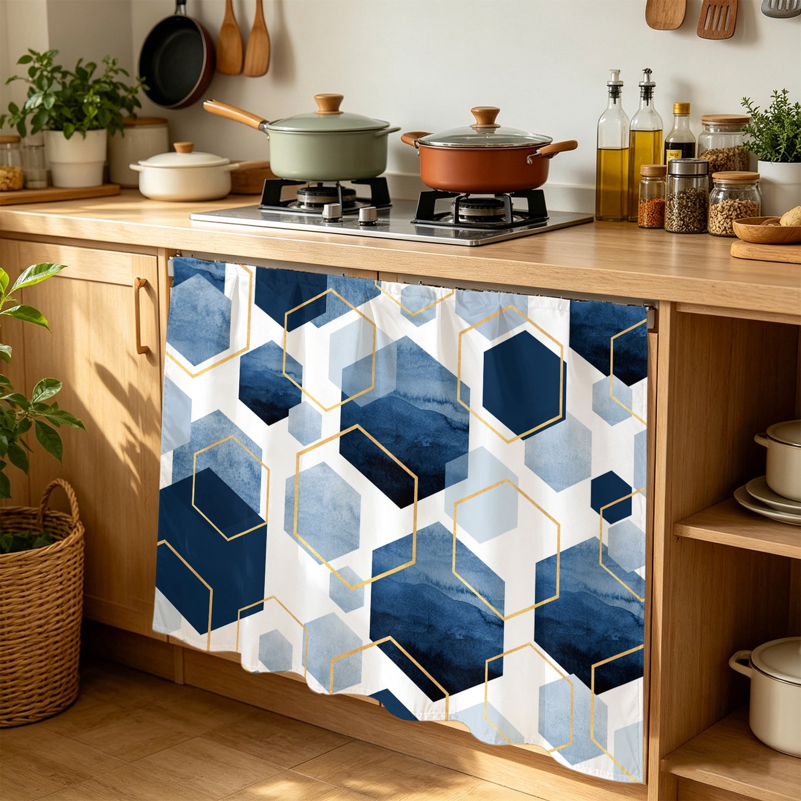 Navy Blue Marble Cabinet Curtains 35''x35'', Gold White Geometric ...