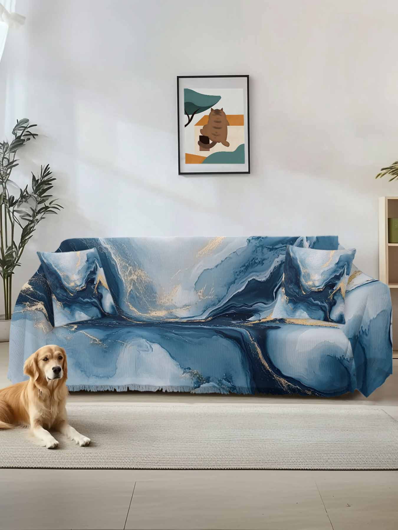 Navy Blue Marble Couch Cover for 2 Cushion Sofa, Modern Abstract Ink ...