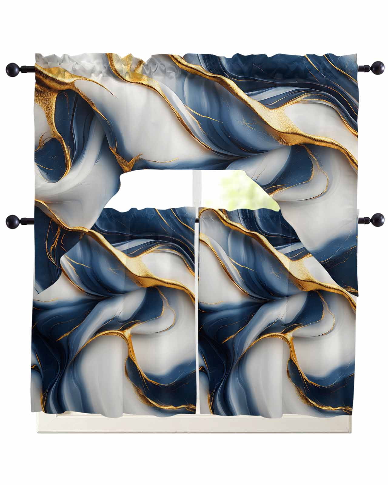 Navy Blue Marble Kitchen Curtains Swag Valance and Tier Curtains Set 24 ...