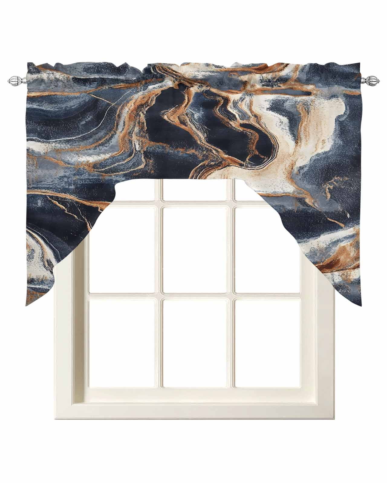 Navy Blue Marble Kitchen Swag Valances for Windows, Abstract Art Stone ...
