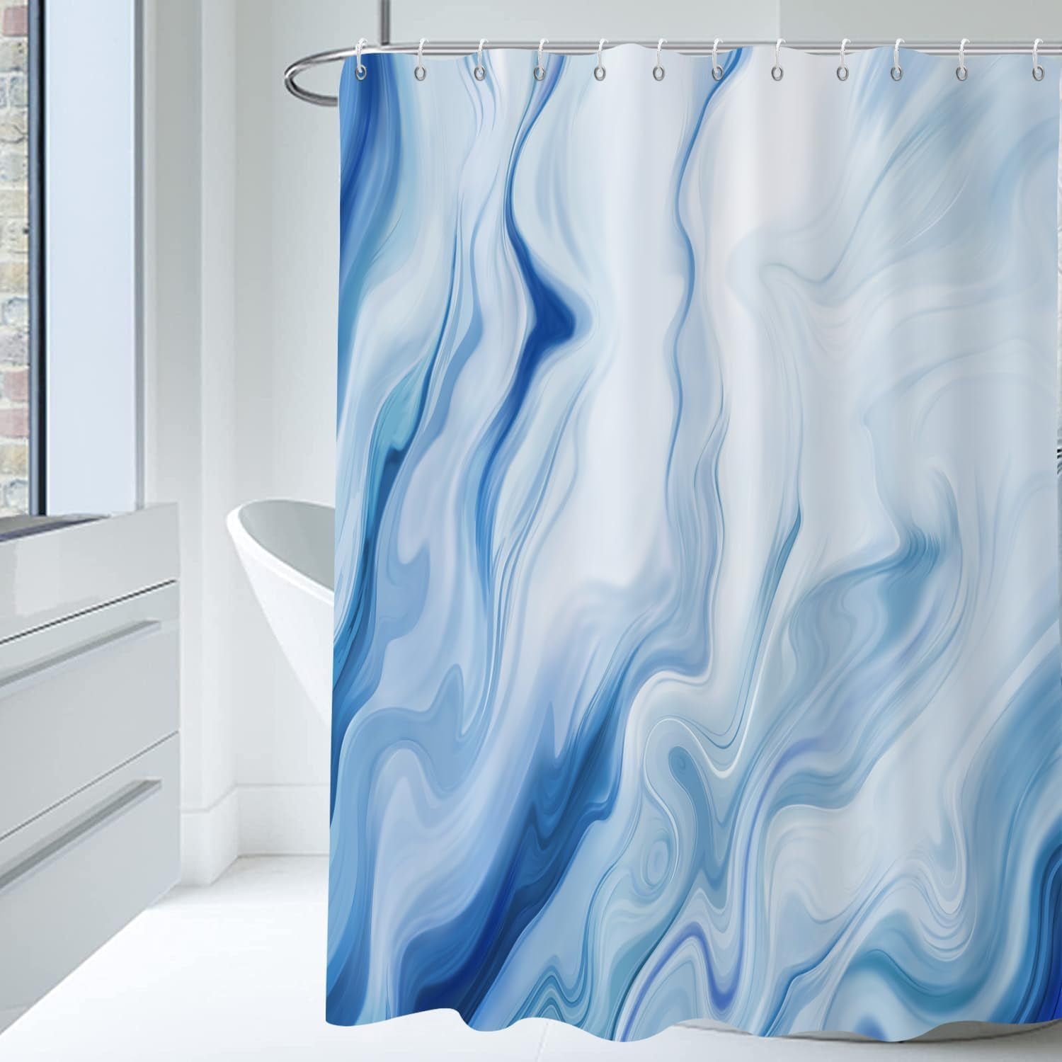 Navy Blue Marble Long Shower Curtain, Navy Blue Mix White Ombre Modern ...