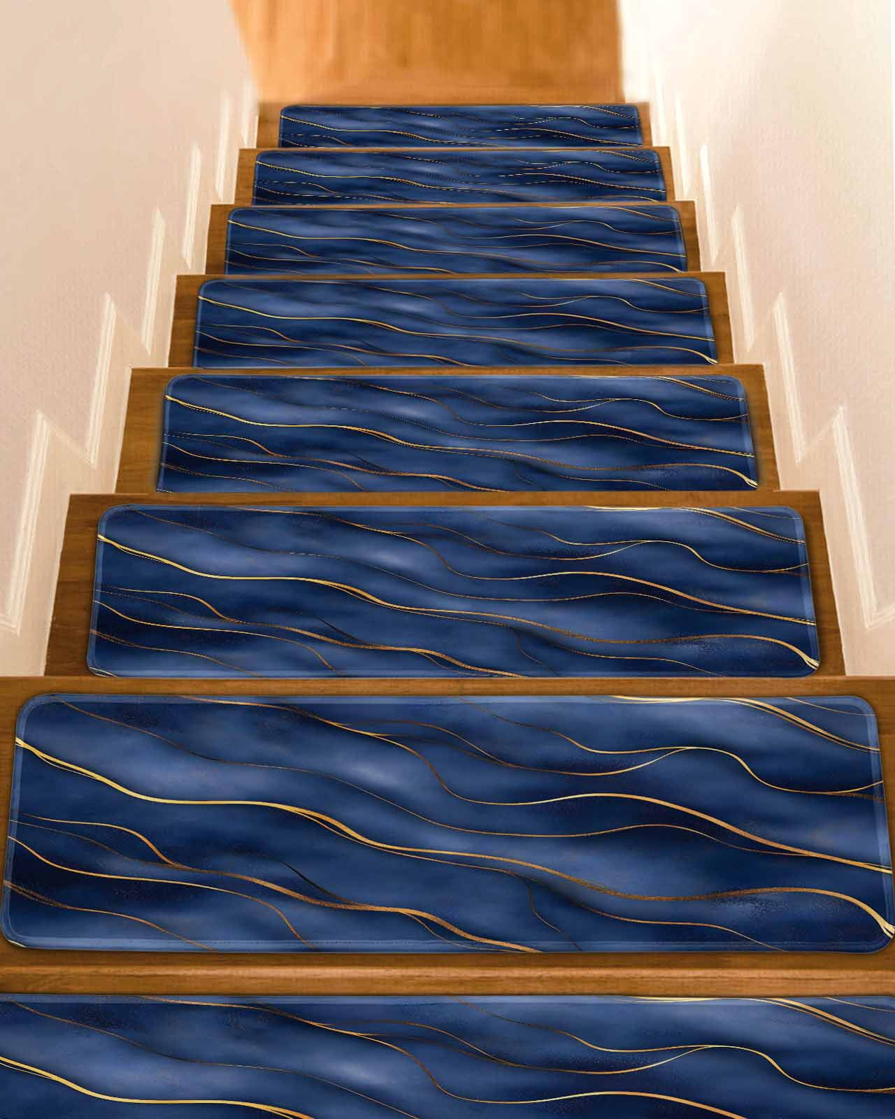 Navy Blue Marble Non-Slip Stair Treads for Wooden Steps, 15 Pack-8x30in ...