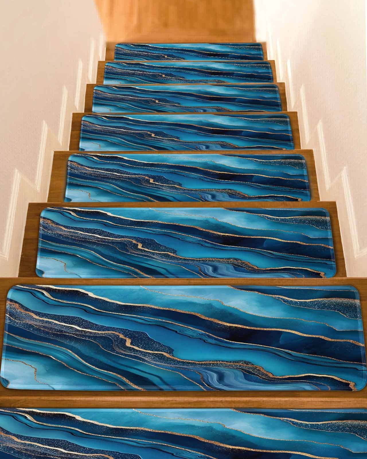 Navy Blue Marble Non-Slip Stair Treads for Wooden Steps, 4 Pack-8x30in ...