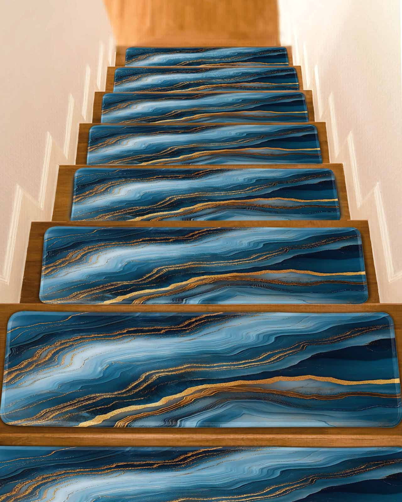 Navy Blue Marble Non-Slip Stair Treads for Wooden Steps, 4 Pack-8x30in ...