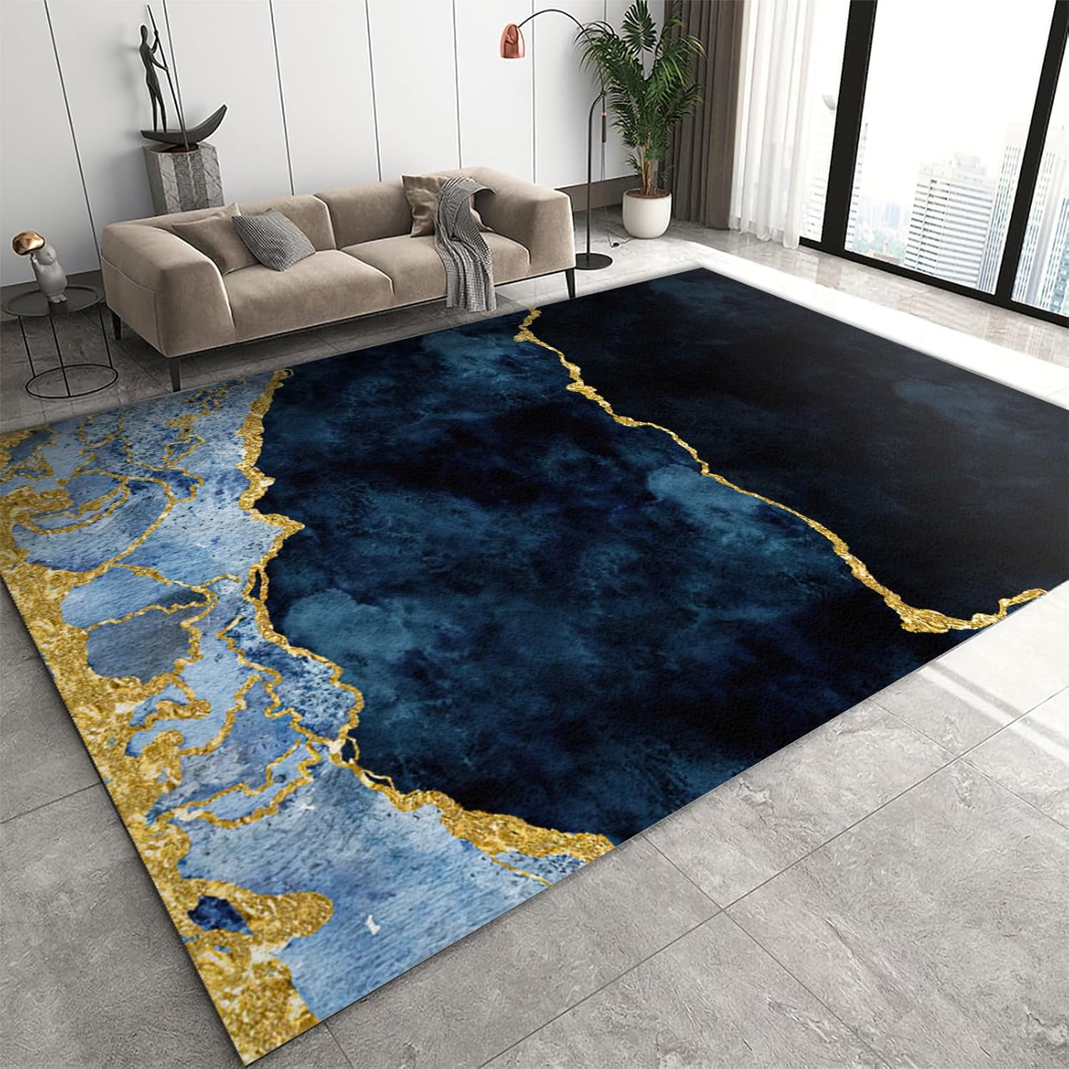 Navy Blue Marble Rug Luxurious Gilded Marble Area Carpet Ink Marble ...