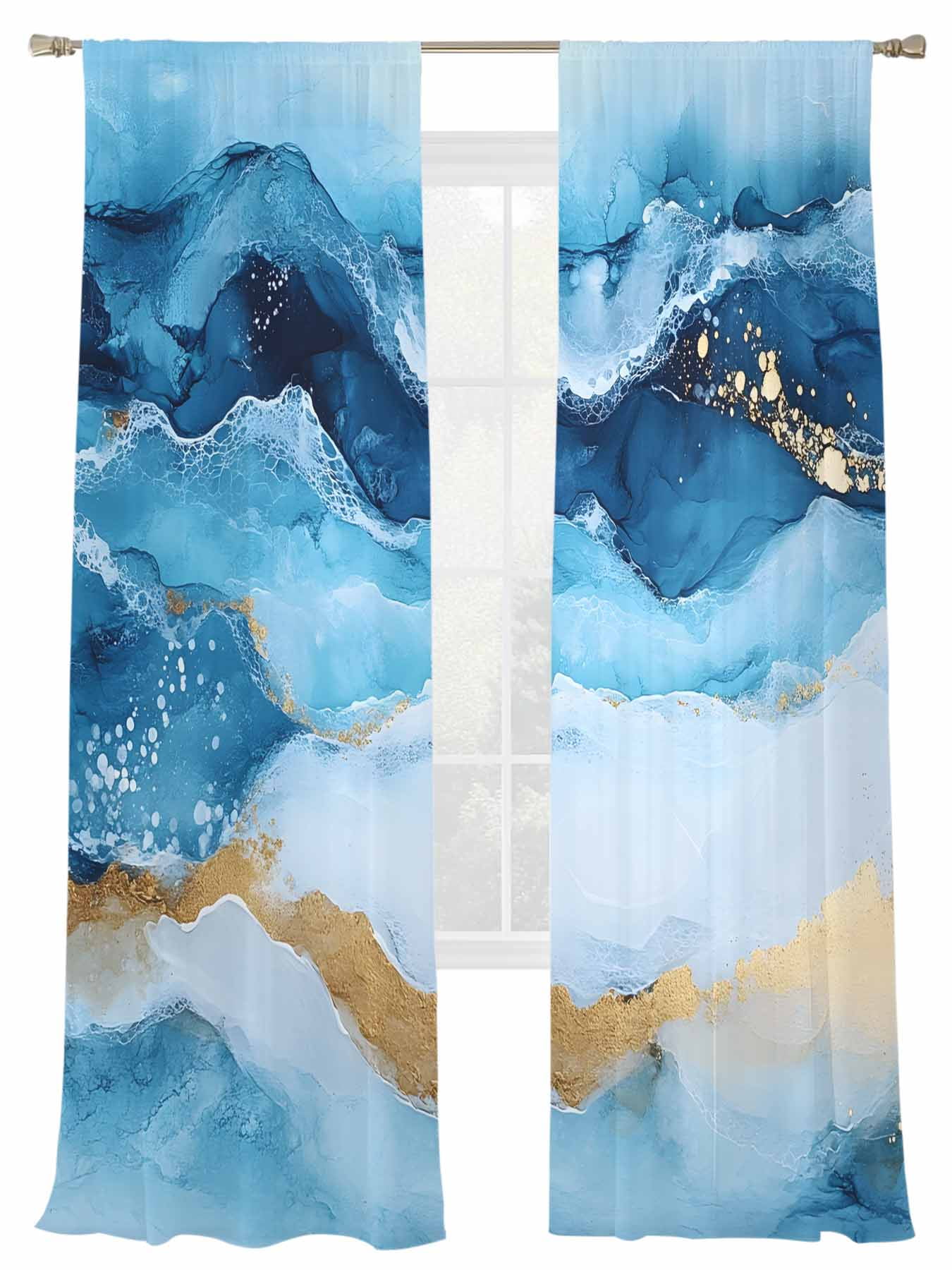 Navy Blue Marble Sheer Curtains 2 Panels Set Ocean Modern Art Abstract ...