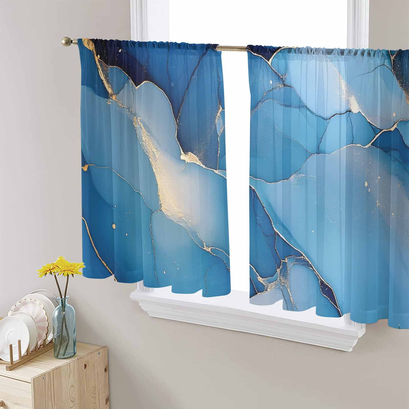 Navy Blue Marble Sheer Curtains 54 Inch Length 2 Panels Set for Living ...